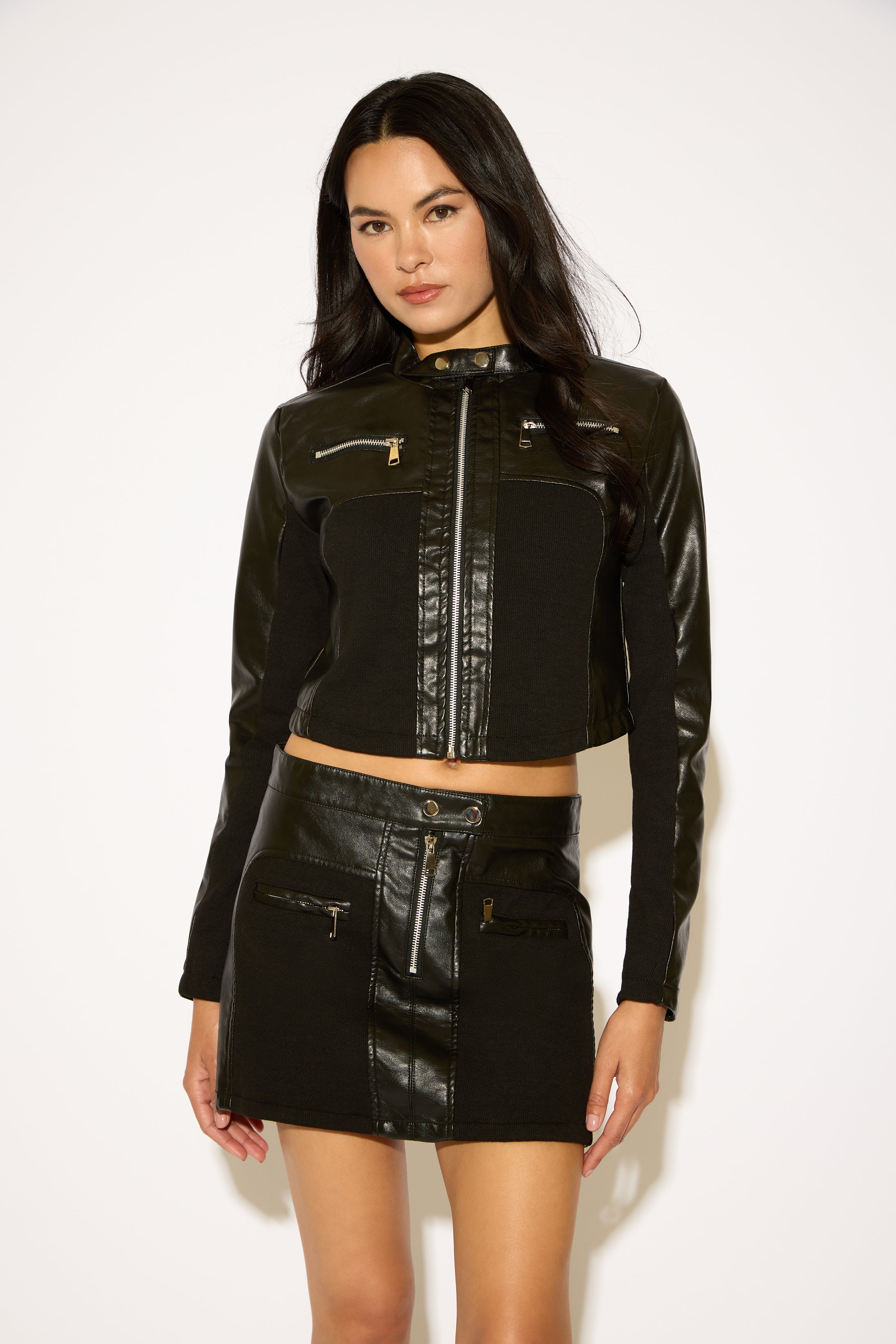 VEGAN LEATHER PANEL MINI SKIRT WITH ZIP DETAIL – Tenshoppe-store
